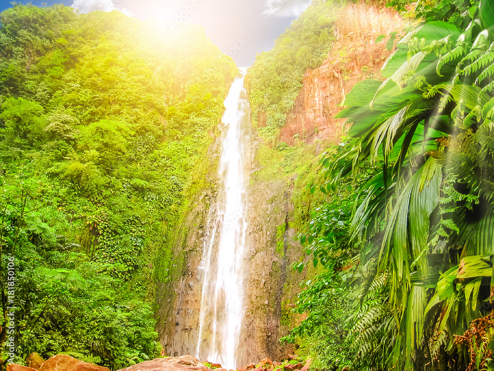 Carbet Falls or Les Chutes du Carbet at sunset, one of three waterfalls ...