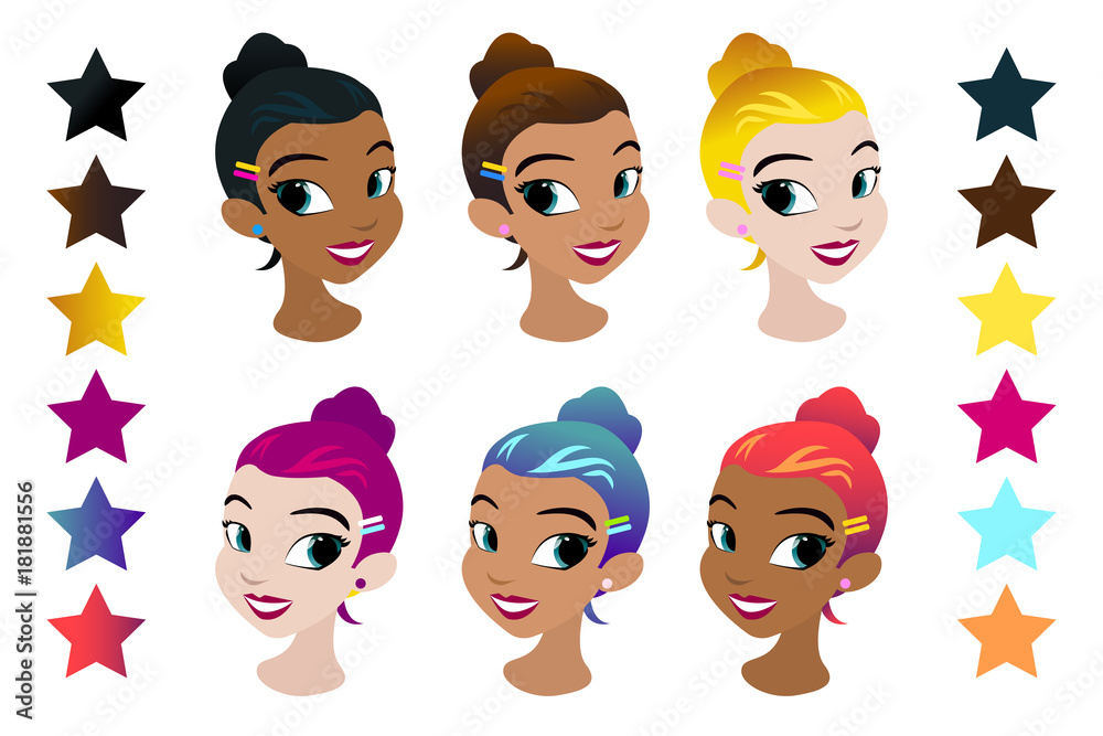 Teenager vectors girls head with different color hair. Character ...