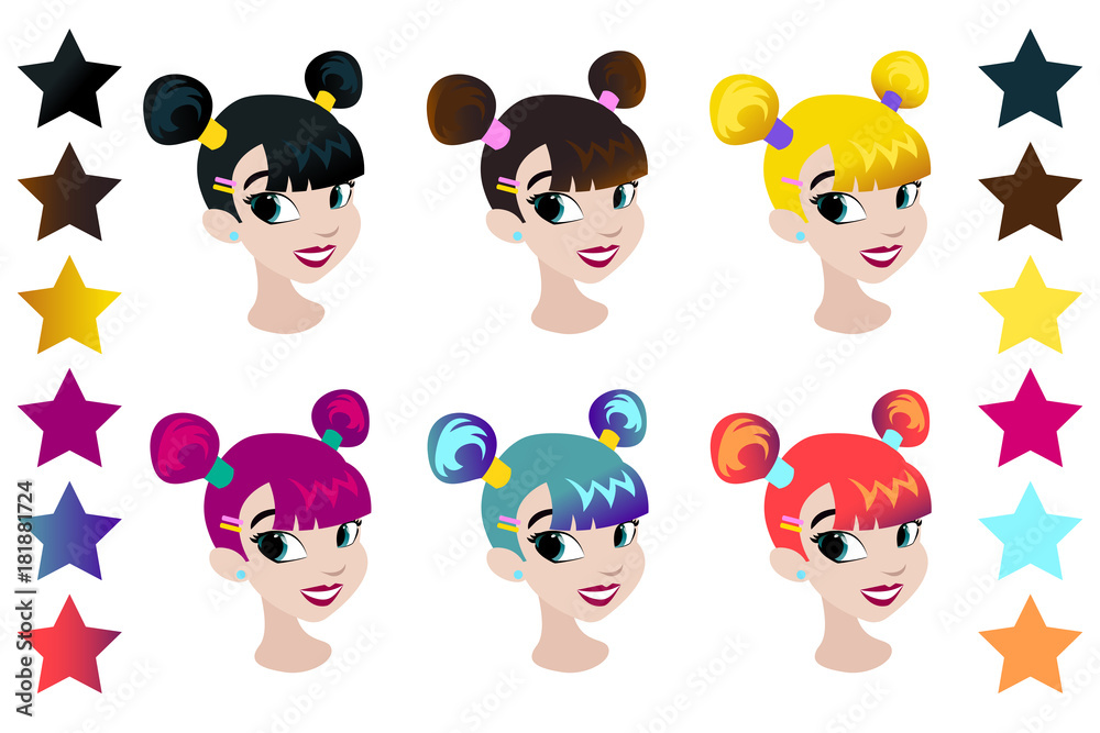 Teenager vectors girls head with different color hair. Character ...
