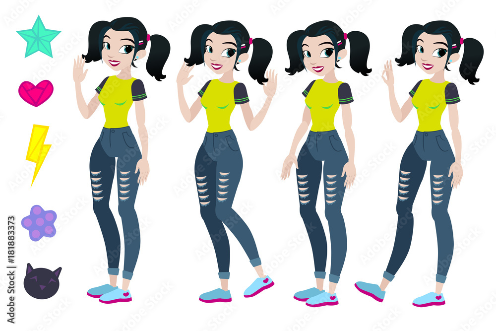 Teenager vectors girls with black hair. Character . Isolated against ...
