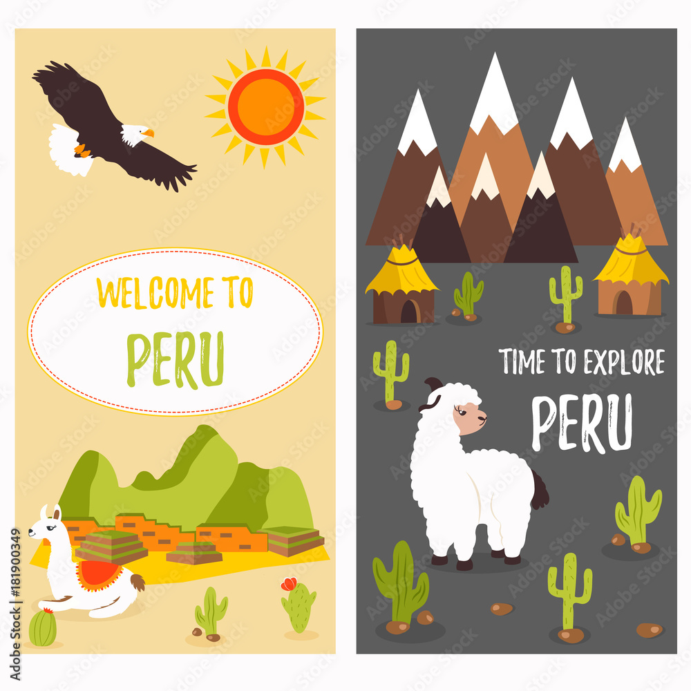 Concept posters of Peru with cute lamas and tourist destinations Stock ...