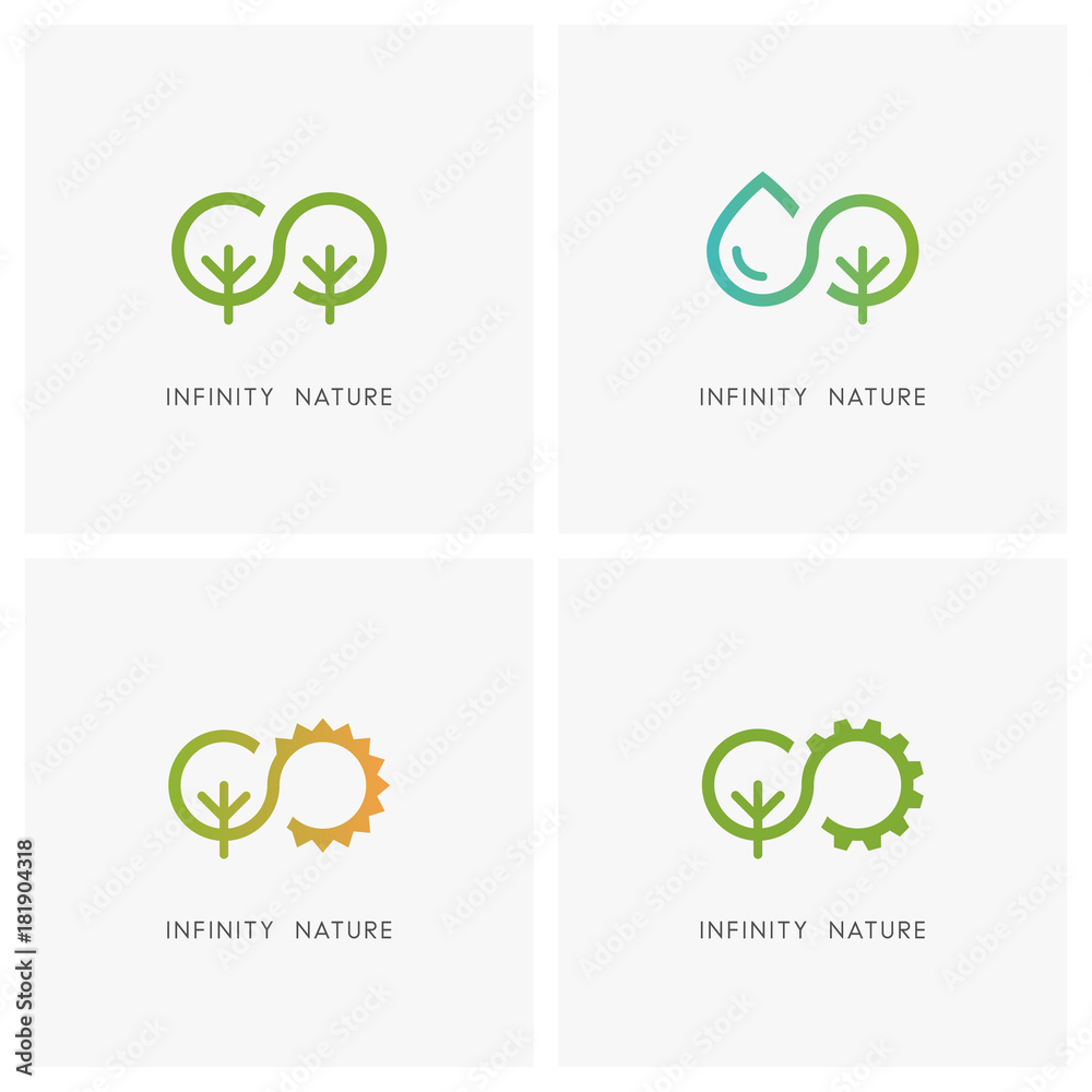 Infinity and nature logo set. Green tree, drop of water, the sun and ...