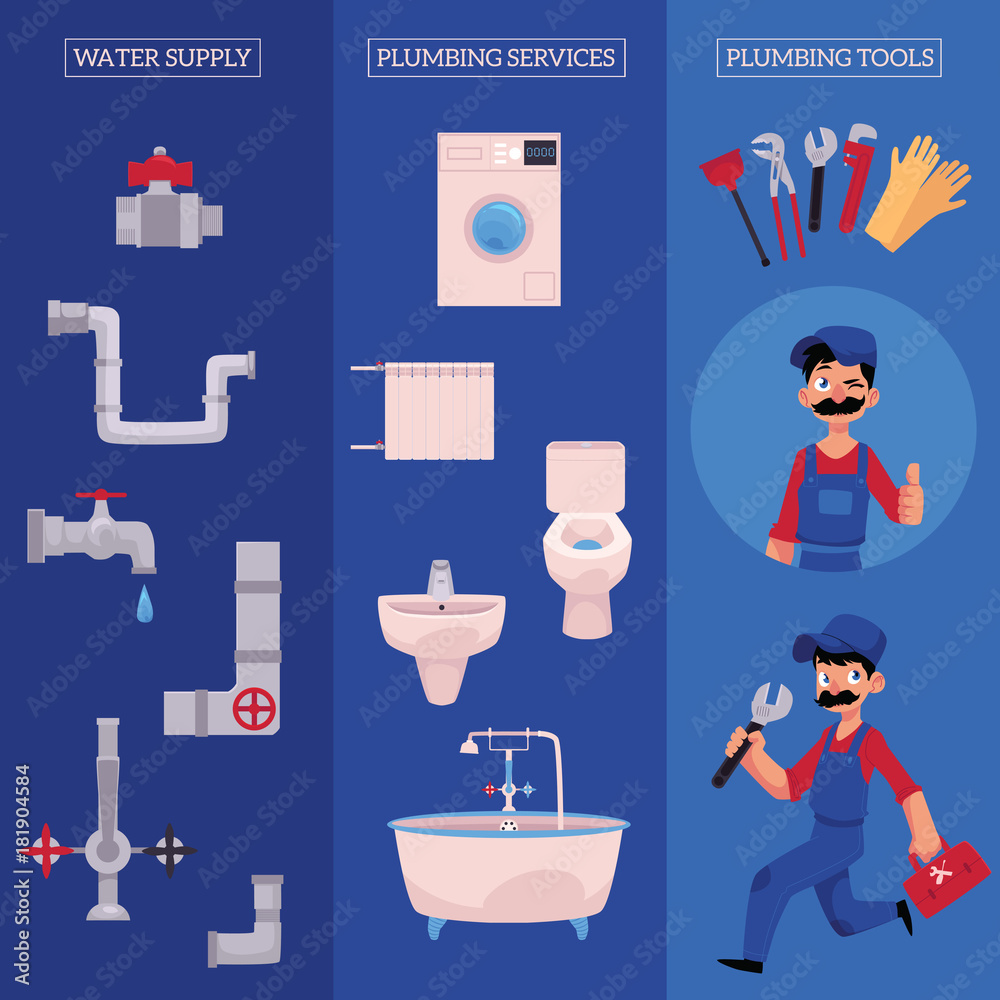 vector plumbing concept infographic posters set. man blumber in uniform ...