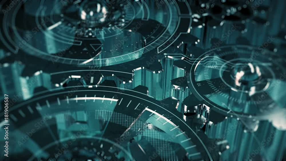 Cogwheels and HUD elements technological intro.Futuristic Opener with ...