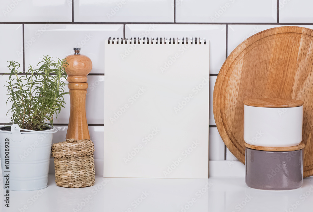Paper mock-up in modern kitchen with white brick tile Stock Photo ...
