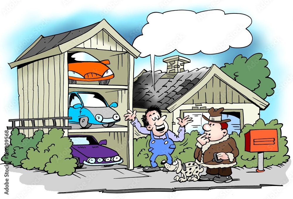 Cartoon illustration of a man who have built the garage specifically ...