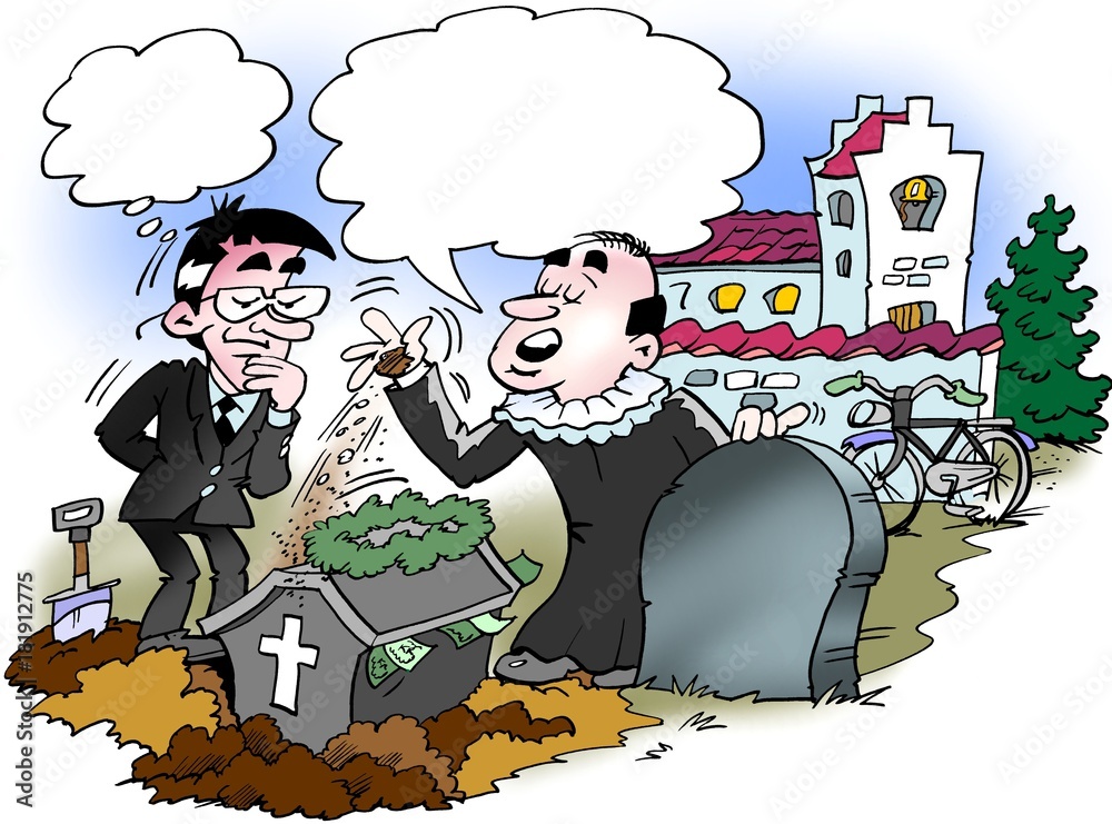 Cartoon illustration of a priest buried a coffin with a lot of mone ...