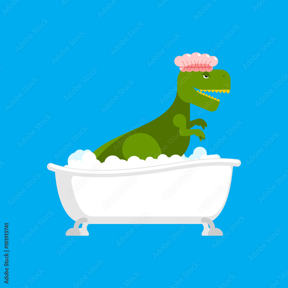Dinosaur in bath. Dino washes. Ancient Tyrannosaurus Lizard. Big green ...