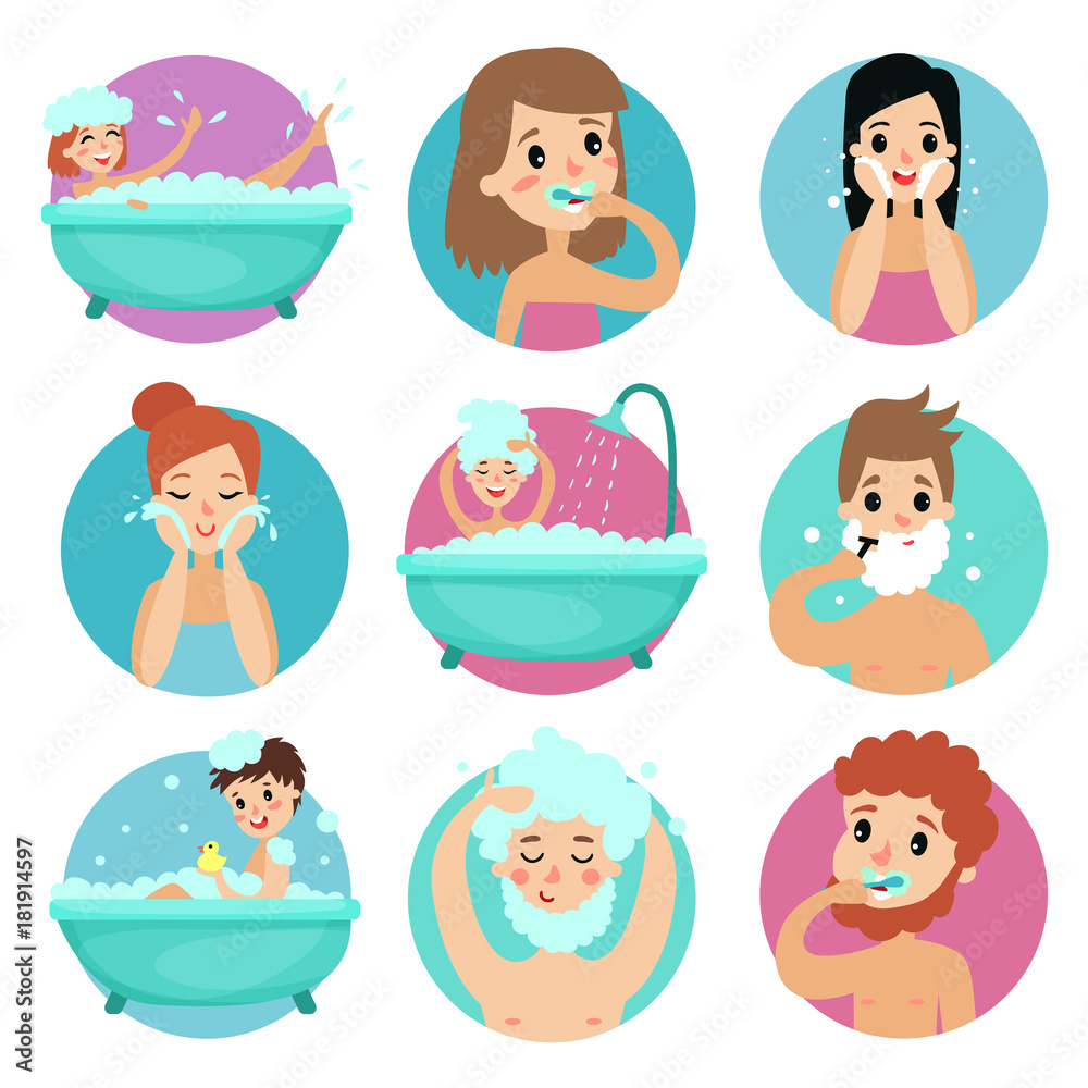 Male and female characters doing bathroom procedures, morning personal ...