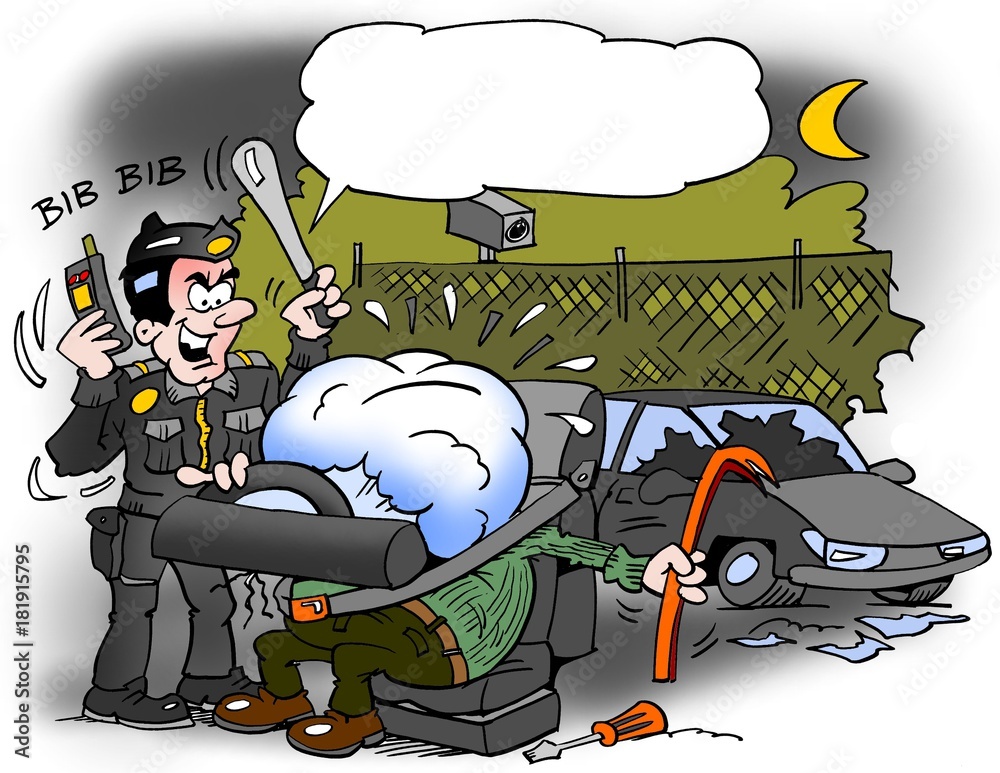 Cartoon illustration of a car thief that has been caught in an inflated ...