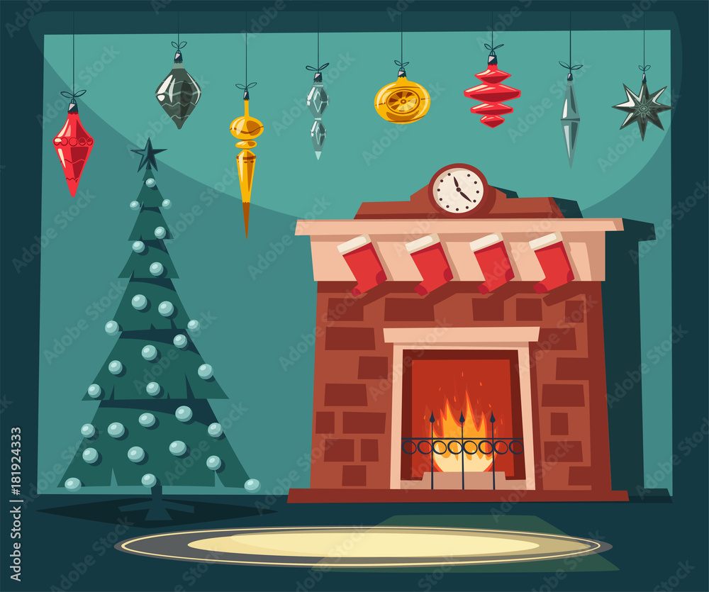 Merry Christmas. Fireplace and tree with decorations. Cartoon vector ...