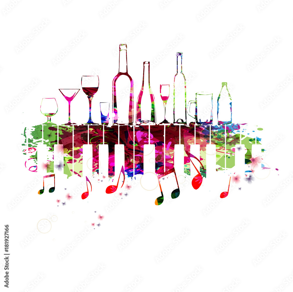 Music colorful design with piano keys and bottles. Music instrument ...