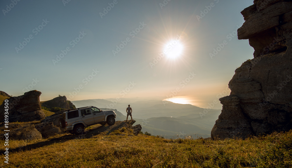 man with car on beauty nature landscape background Stock Photo | Adobe ...