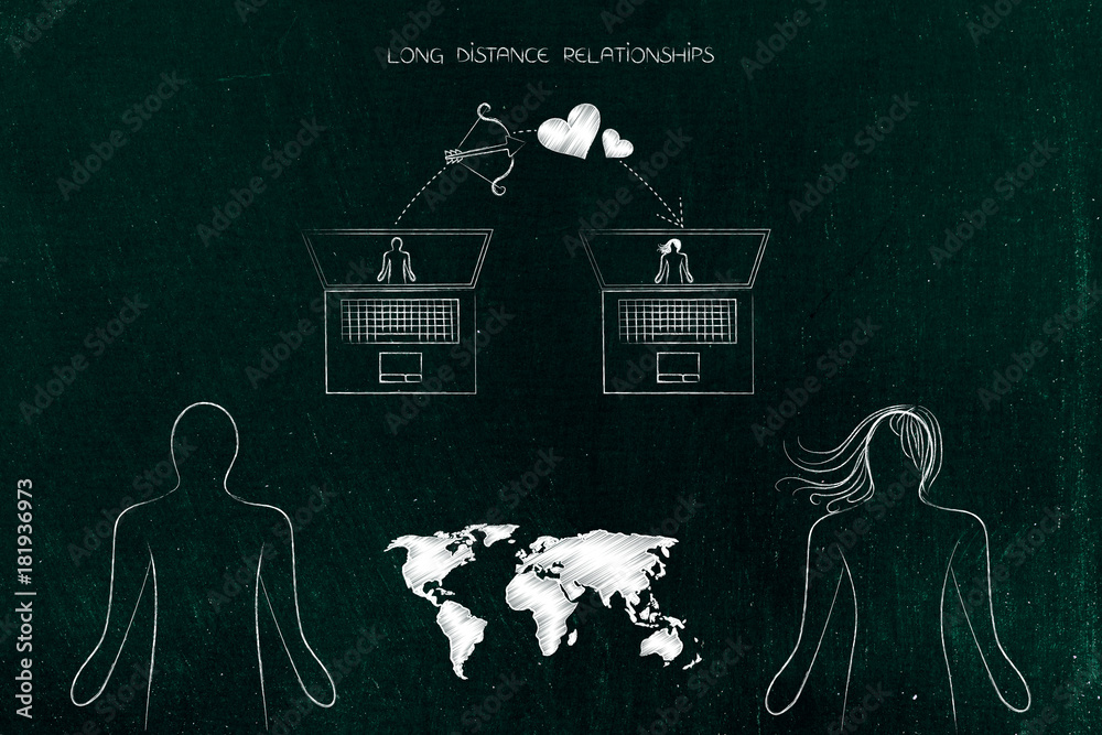 Long distance relationships world map in between couple and laptops ...