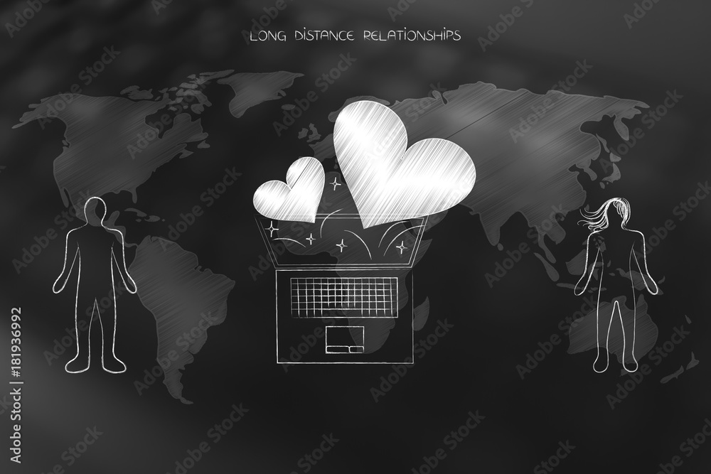 Long distance relationships laptop with lovehearts over world map in ...