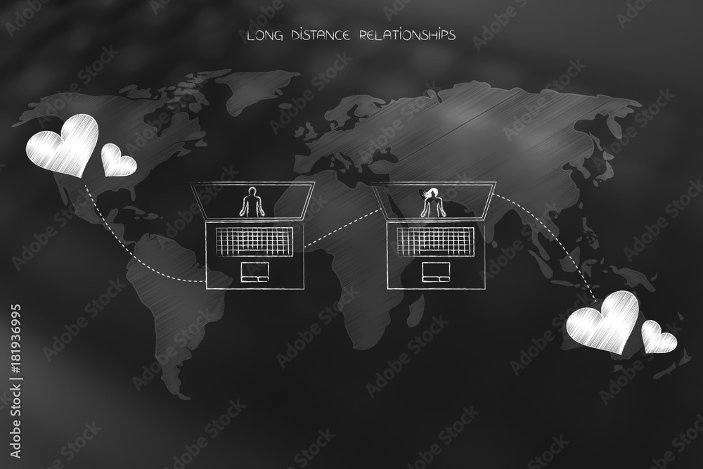 laptops with profile picture and lovehearts over world map ilustração ...