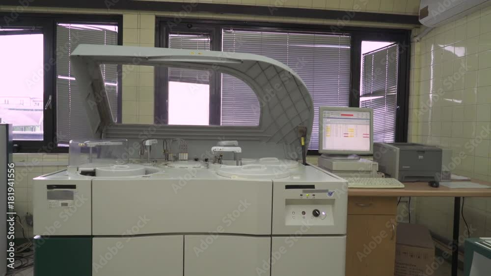 Laboratory equipment, close up, automated machines in work processing ...