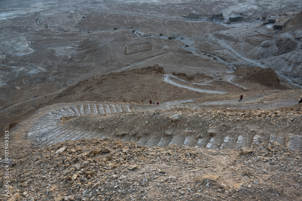 Elevated view of people hiking, Masada, Judean Desert, Dead Sea Region ...