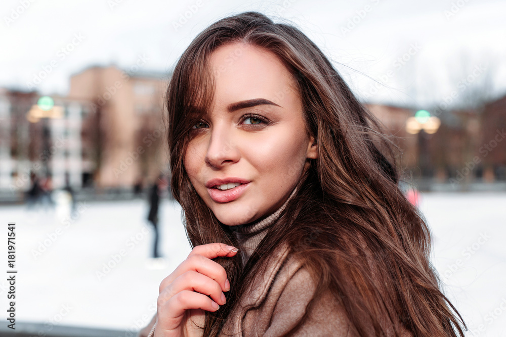 Beautiful woman closeup winter cold weather outdoor street portrait ...