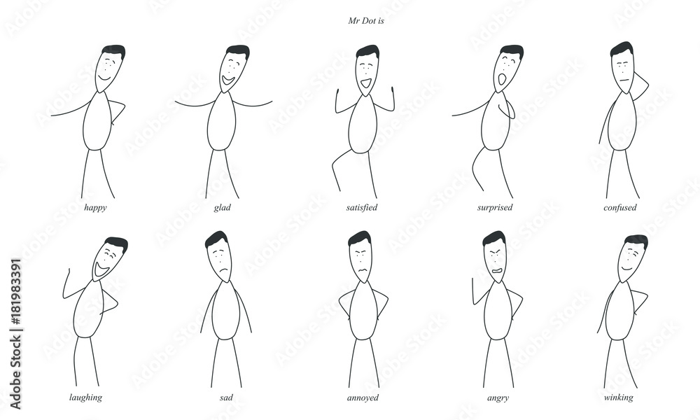 Emotions of a simple draw man: happiness, gladness, satisfaction ...