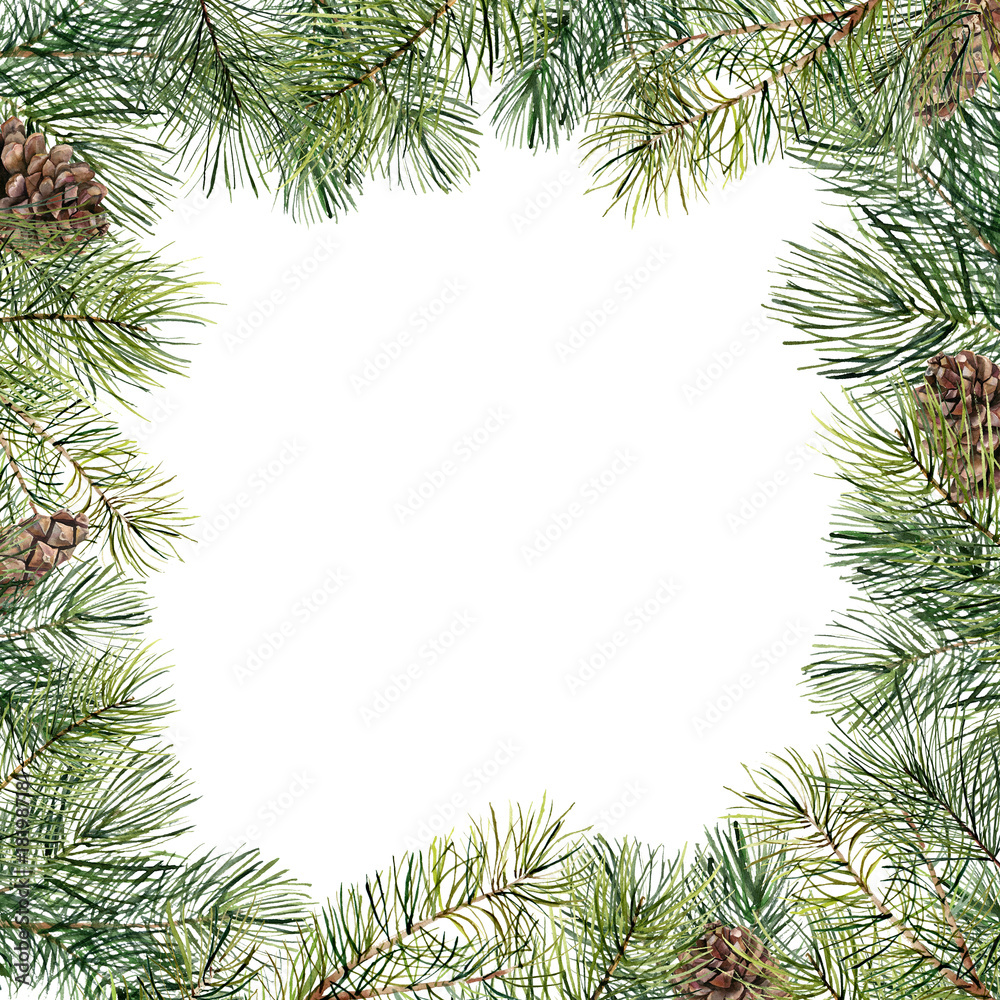 Watercolor Christmas tree floral frame with pine cones. Hand painted fir branch, pine cone ...
