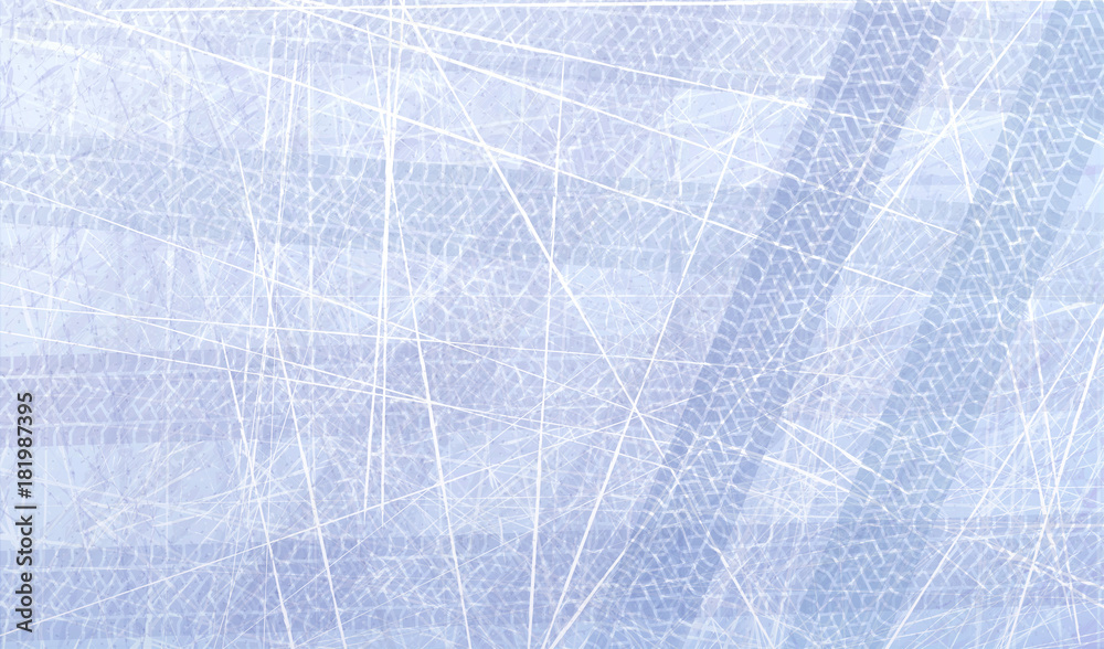 Traces of car tires on ice. Texture of ice surface. Track with separate ...