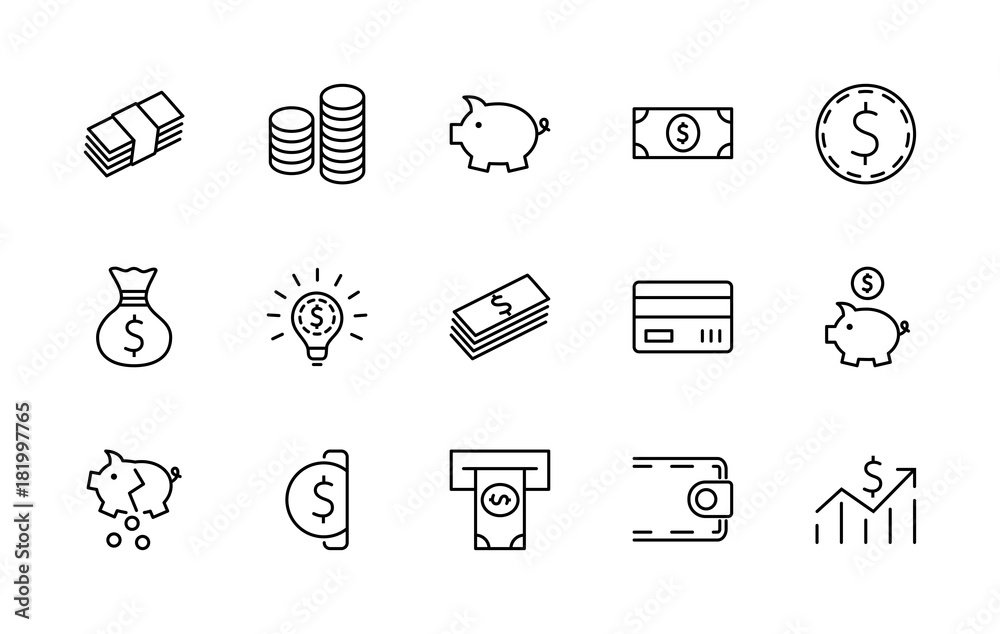 Set of Money Related Vector Line Icons. Contains such Icons as Money Bag, Piggy Bank in the form ...