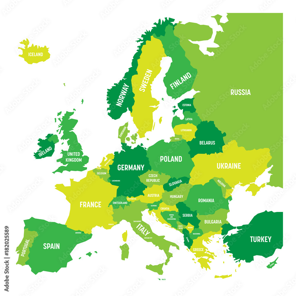 Political map of Europe continent in four shades of green with white ...