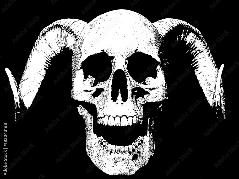 skull with horns and opened mouth isolated in background Stock ...