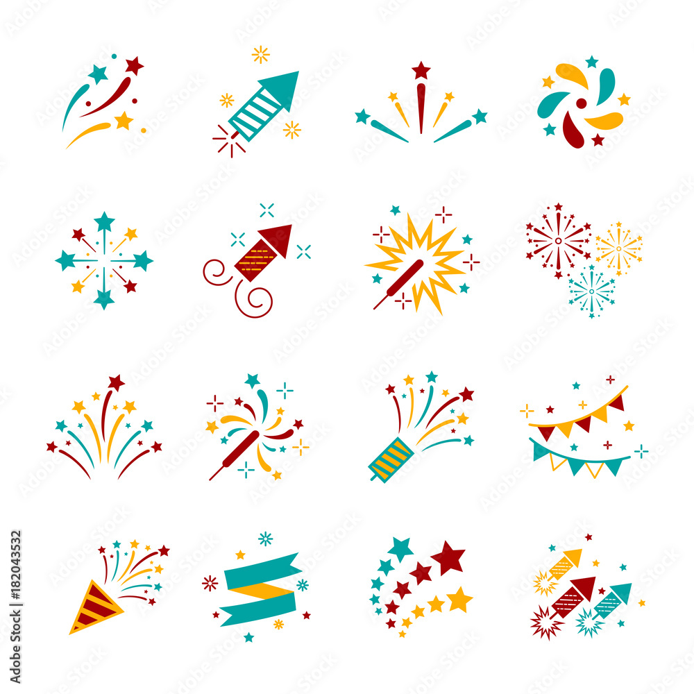 Celebration iconic. Firework icon colorful set with petard, stars ...