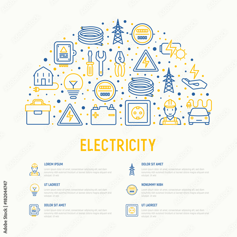 Electricity concept in half circle with thin line icons: electrician ...