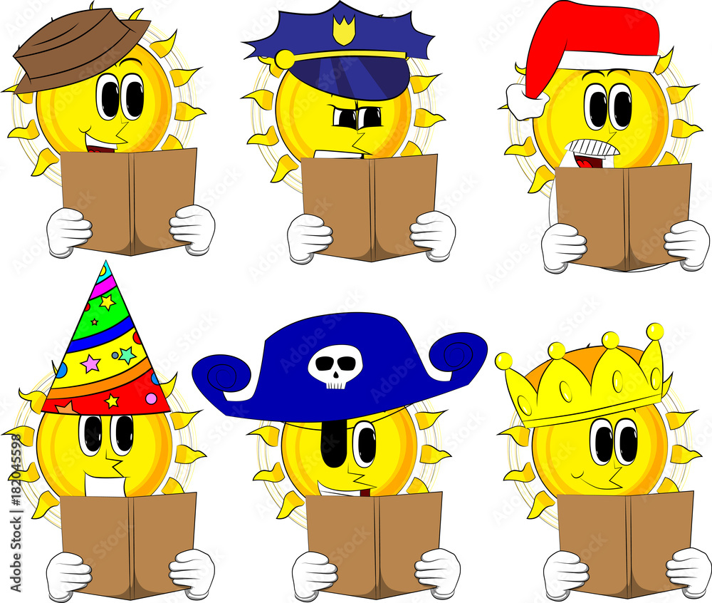 Cartoon sun reading a book. Collection with costume. Expressions vector ...