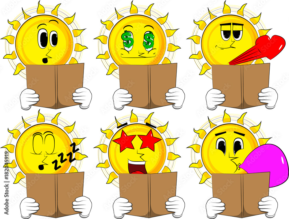 Cartoon sun reading a book. Collection with various facial expressions ...