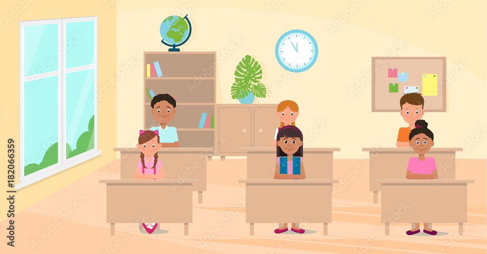 Cartoon, vector illustration with children in school classroom. Stock ...