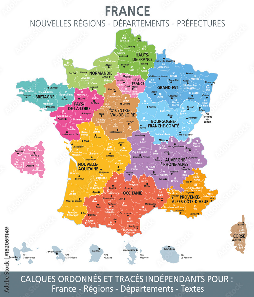 Poster Carte de France, nouvelles régions, départements et préfectures ...