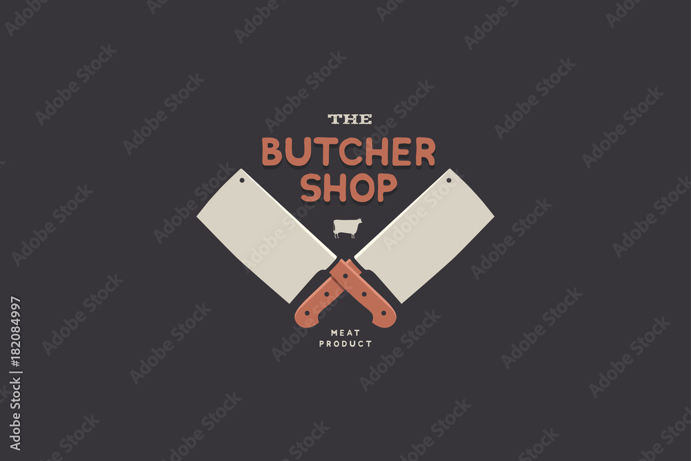 Logo butcher shop with picture of two kitchen hatchet. Design elements ...