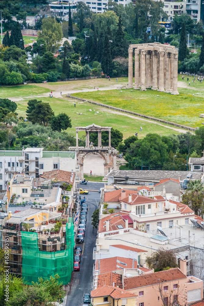 Aerial view of temple of olympian god Zeus and the Hadrian's gate in ...
