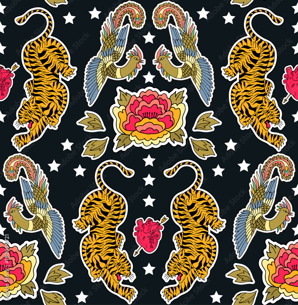 Seamless chinese pattern. Set of stickers, pins, patches and ...