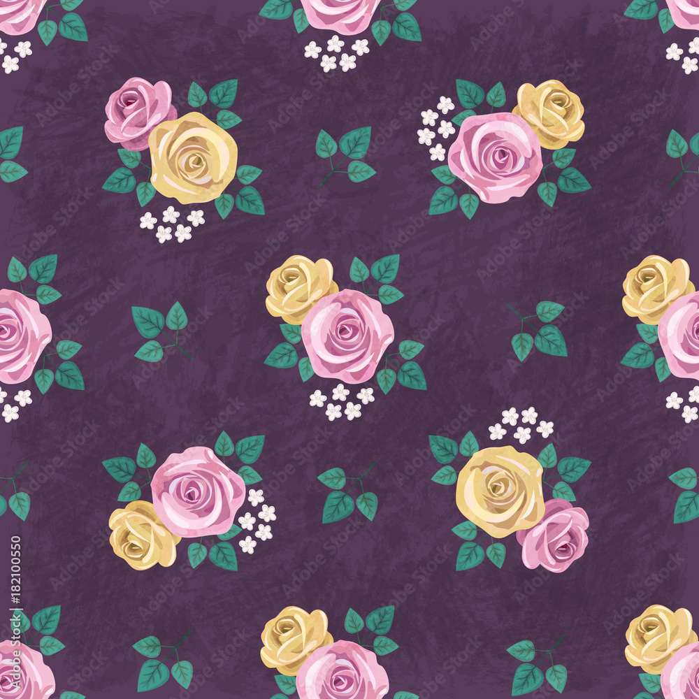 Seamless vintage romantic pattern with yellow and pink roses and white ...