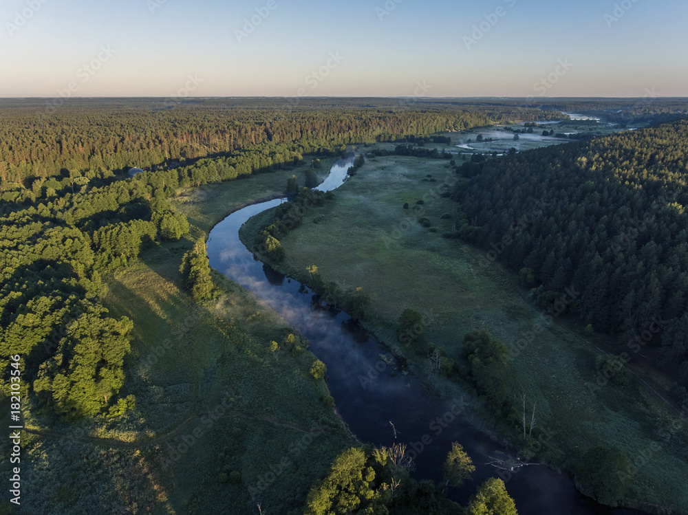 Aerial view over Merkys river valley, near Merkine town, Lithuania ...