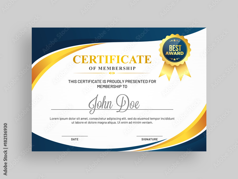 Certificate of membership template with blue and golden design and ...