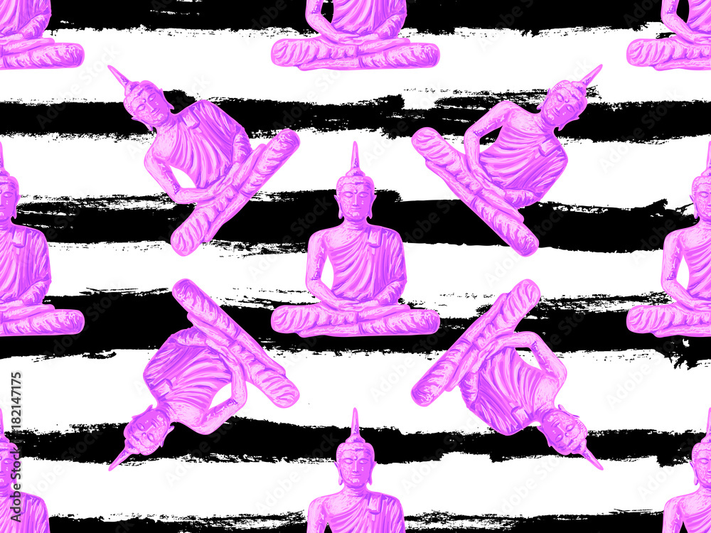 Seamless vintage hippies pattern with sitting Buddha. Thai god, yoga ...