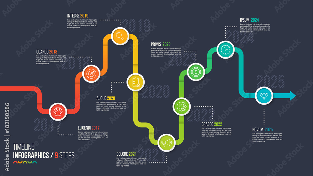 Nine steps timeline or milestone infographic chart. Stock Vector ...