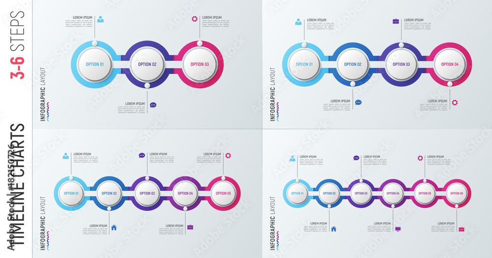Infographic timeline charts. 3-6 options vector templates. Stock Vector ...