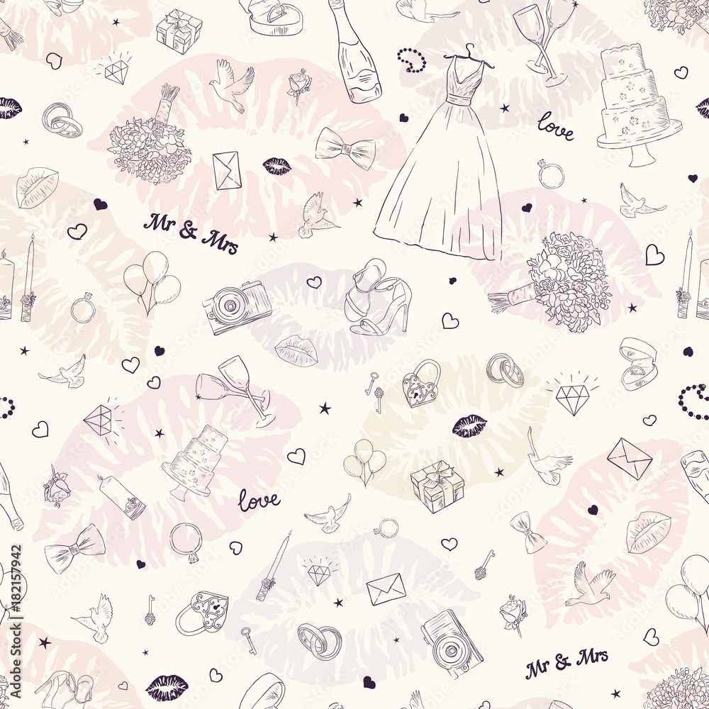 Seamless pattern with wedding icons. Wedding, marriage, bridal. Hand ...