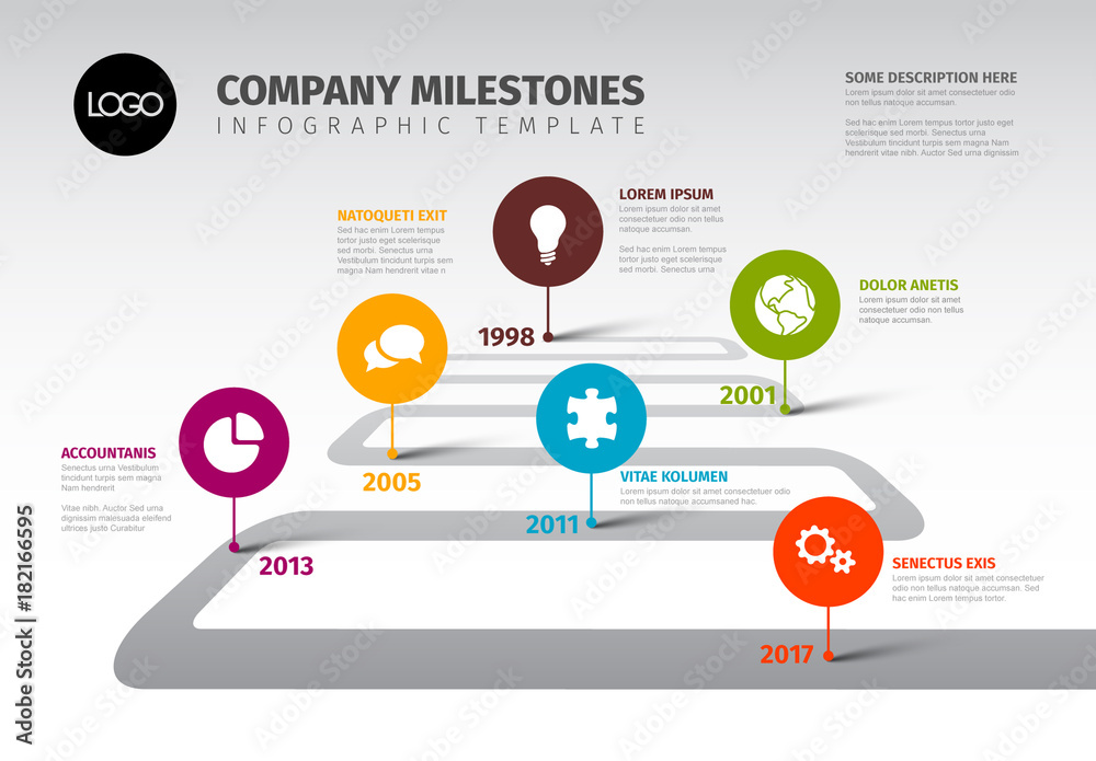 Zig-Zag Road Timeline Infographic with Colorful Circular Pointers Stock ...