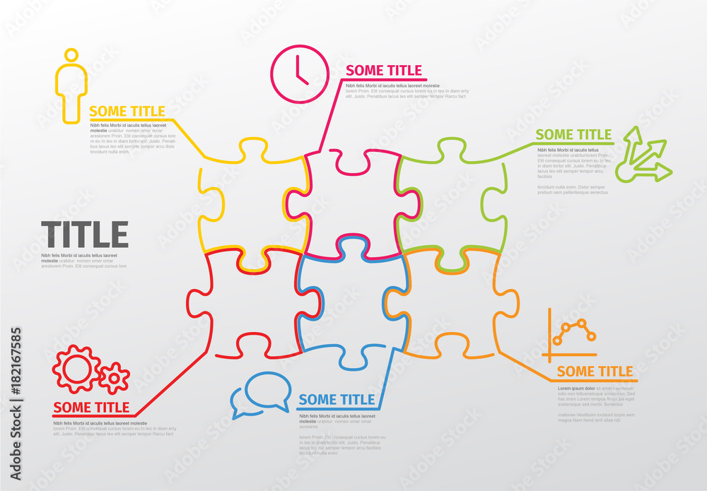 Puzzle Infographic with Colorful Outlines and Business Icons Stock ...