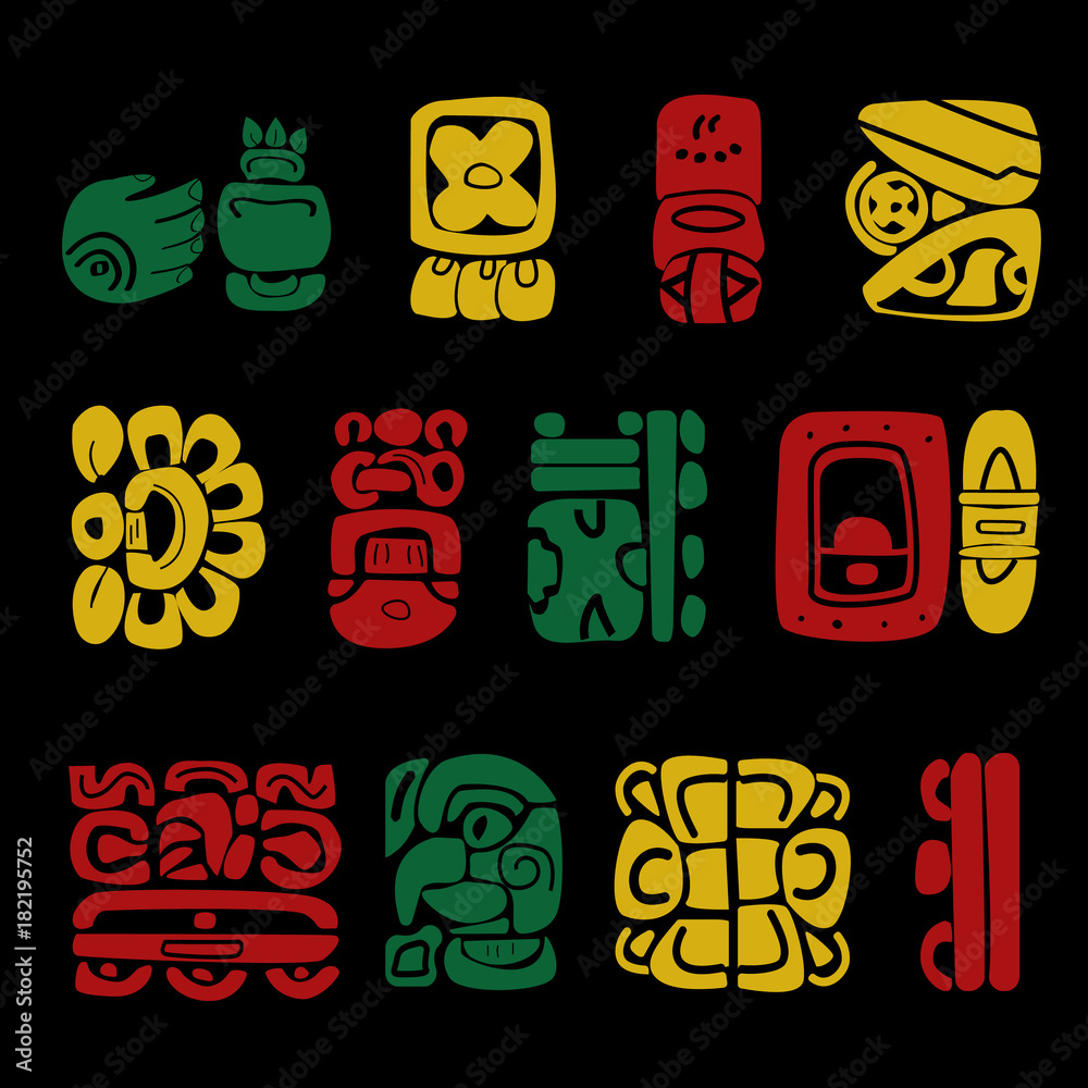 Symbols of the maya ethnic logos of southern america, indian drawings ...