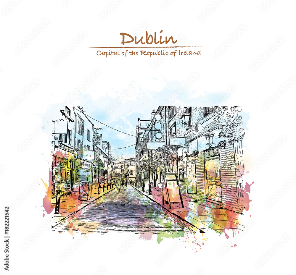 Watercolor splash with hand drawn sketch of Street view Dublin, Ireland ...