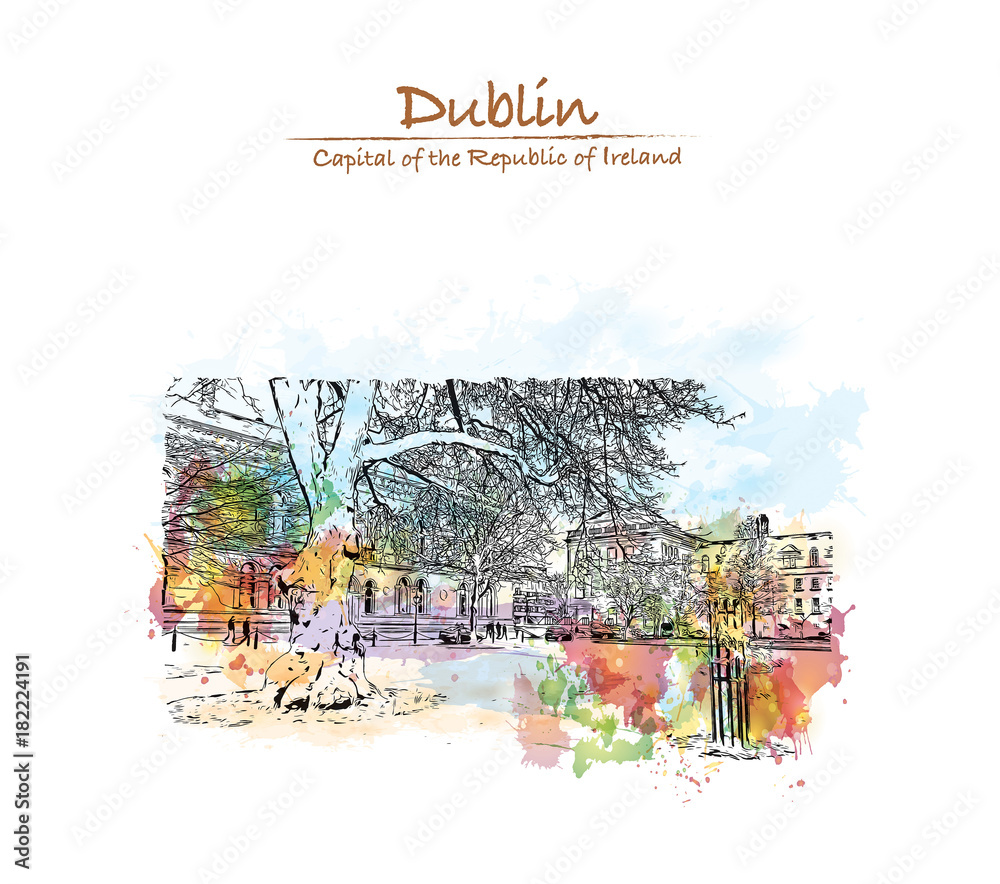 Watercolor splash with hand drawn sketch of Trinity College, Dublin ...